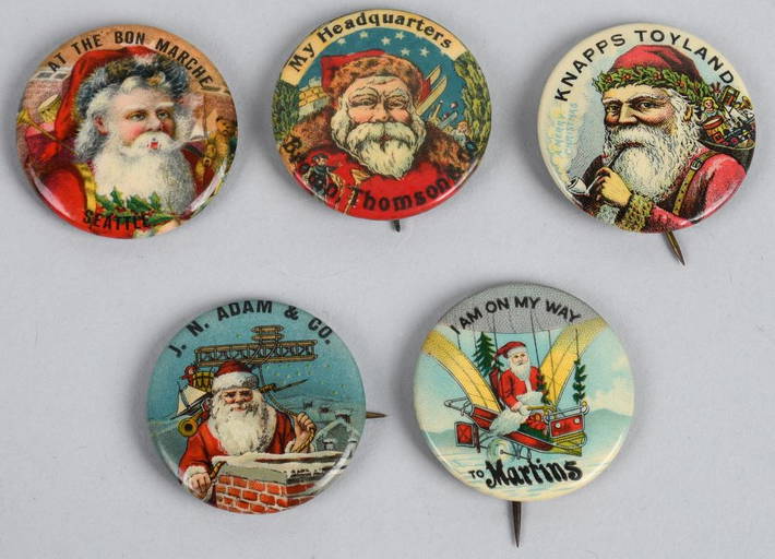 5 Antique Santa Claus Advertising Buttons