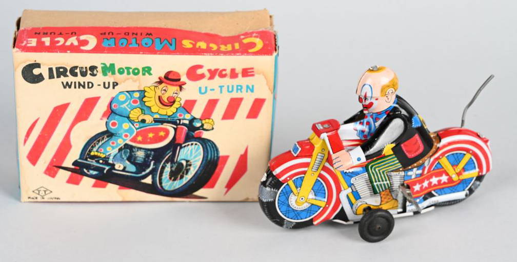 Japan Tin Windup Circus Clown Motorcycle W/ Box