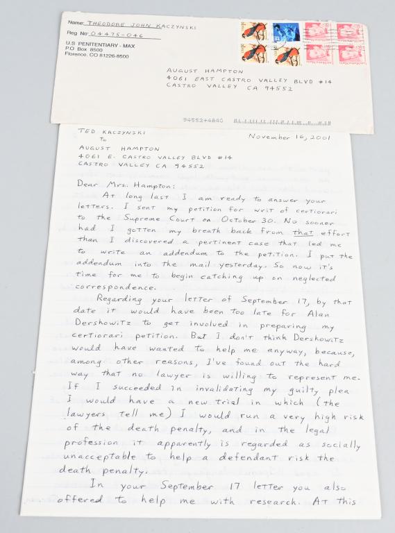 Signed Letter Of Unabomber Ted Kaczynski