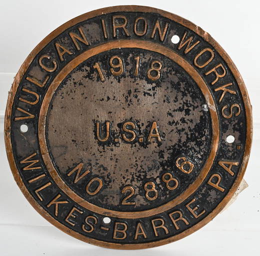 1918 Vulcan Locomotive Builder Plate 2886