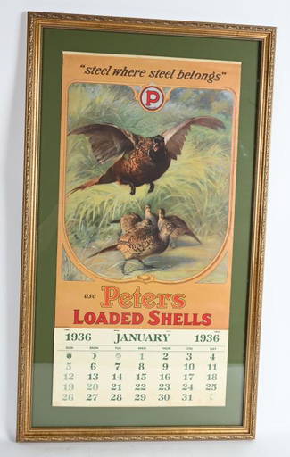 Framed 1936 Dated Peters Loaded Shells Calendar