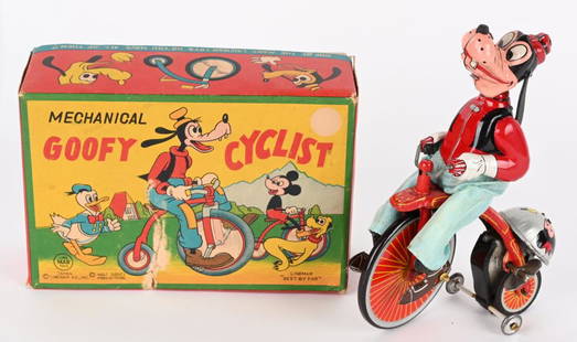 Linemar Tin Windup Goofy Cyclist W/ Box