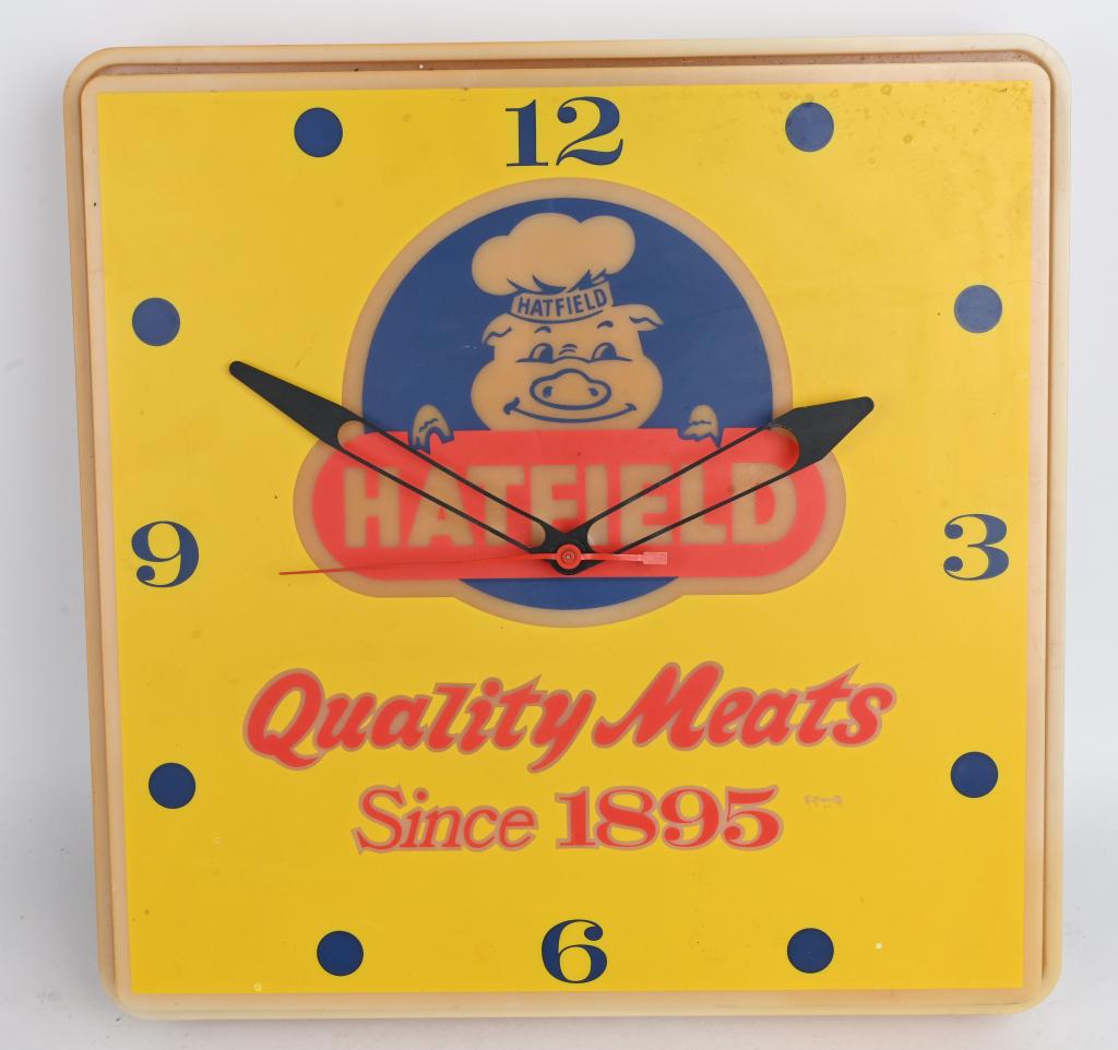 For Auction: VINTAGE HATFIELD QUALITY MEATS ADVERTISING CLOCK (#0030 ...