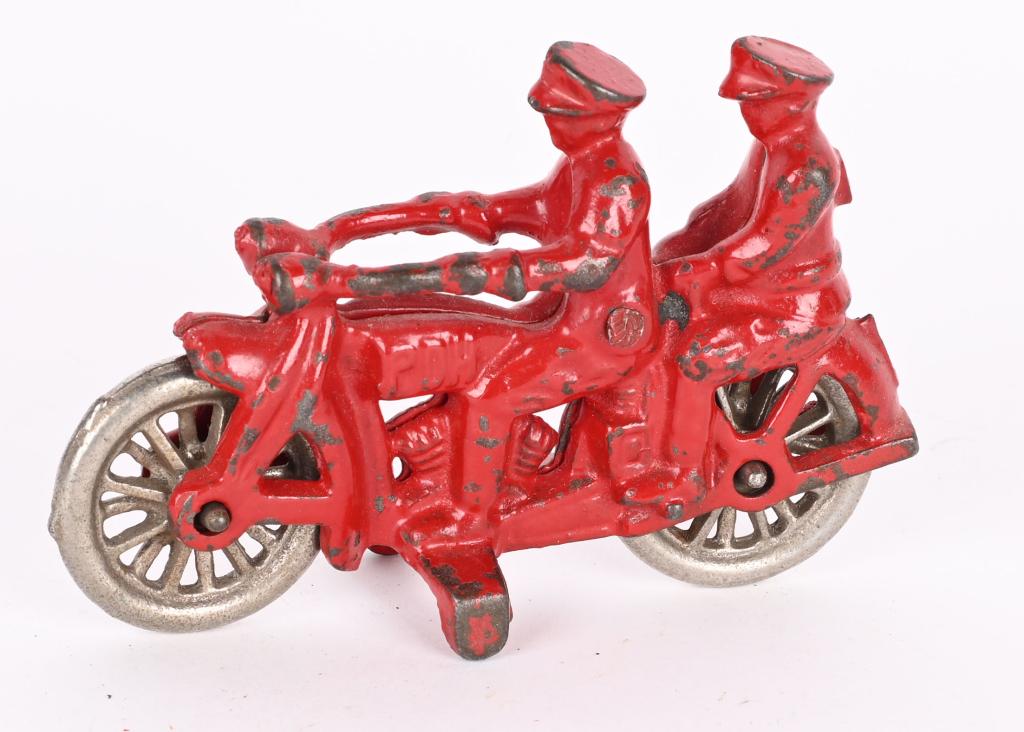 Hubley Cast Iron Tandem Motorcycle Red