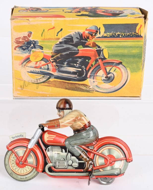 Technofix Tin Windup #4 Racing Motorcycle W/ Box Auction