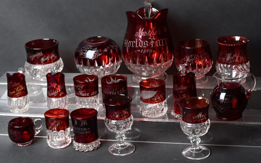 1893 Columbian Exposition 17 Pc Ruby Flashed Glass