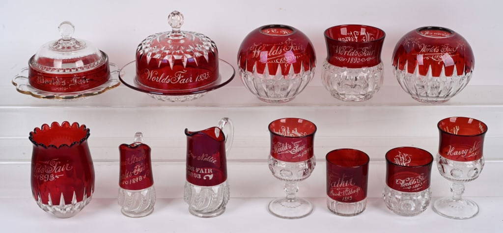 1893 Columbian Exposition 12 Pc Ruby Flashed Glass Auction
