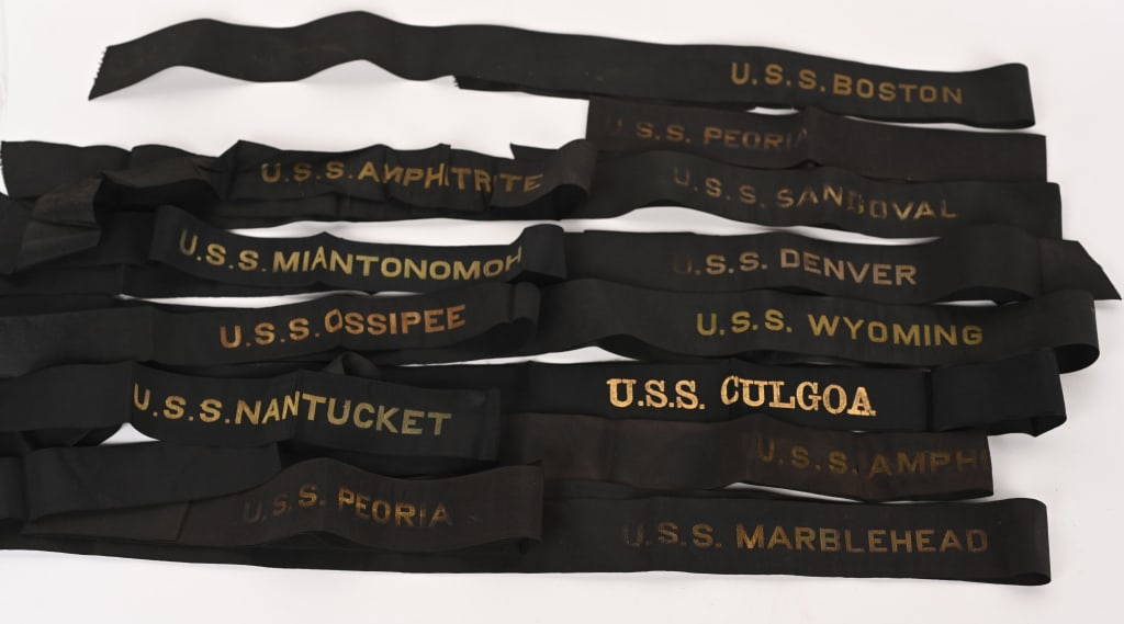 Span Am Period Us Navy Cap Talley Lot Battleship Auction