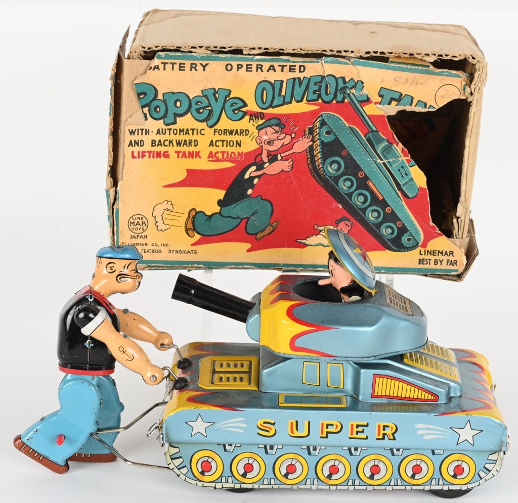 Linemar Battery Op Popeye & Olive Oyl Tank W/ Box Auction