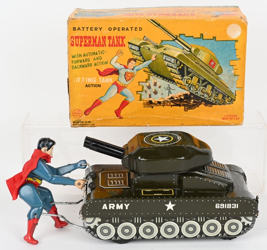 Linemar Battery Op Superman Tank W/ Box Auction