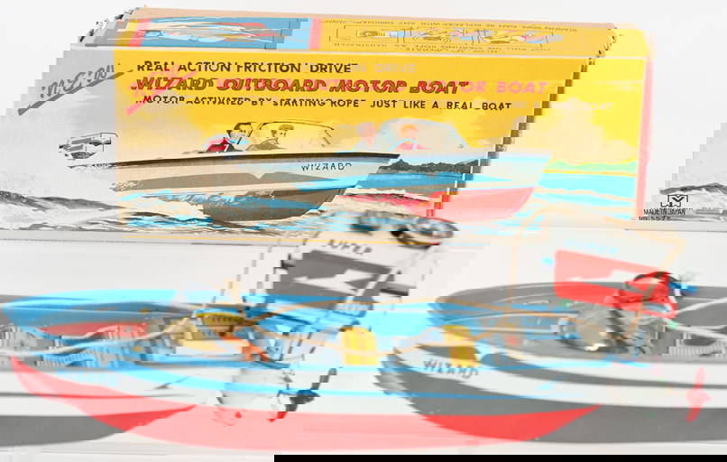 Japan Tin Windup Wizard Boat W/ Outboard Motor