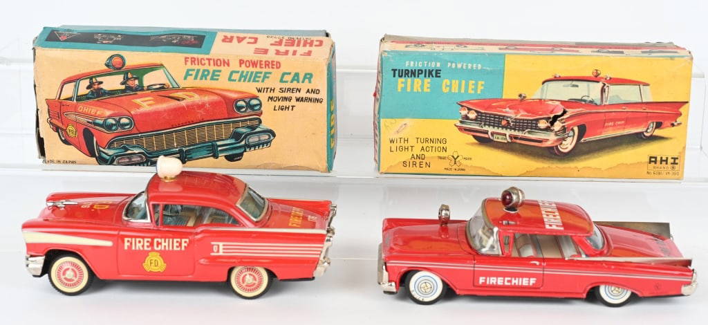 2- Japan Tin Friction Fire Chief Cars W/ Boxes Auction