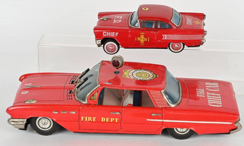 2- Japan Tin Friction Fire Chief Cars Auction