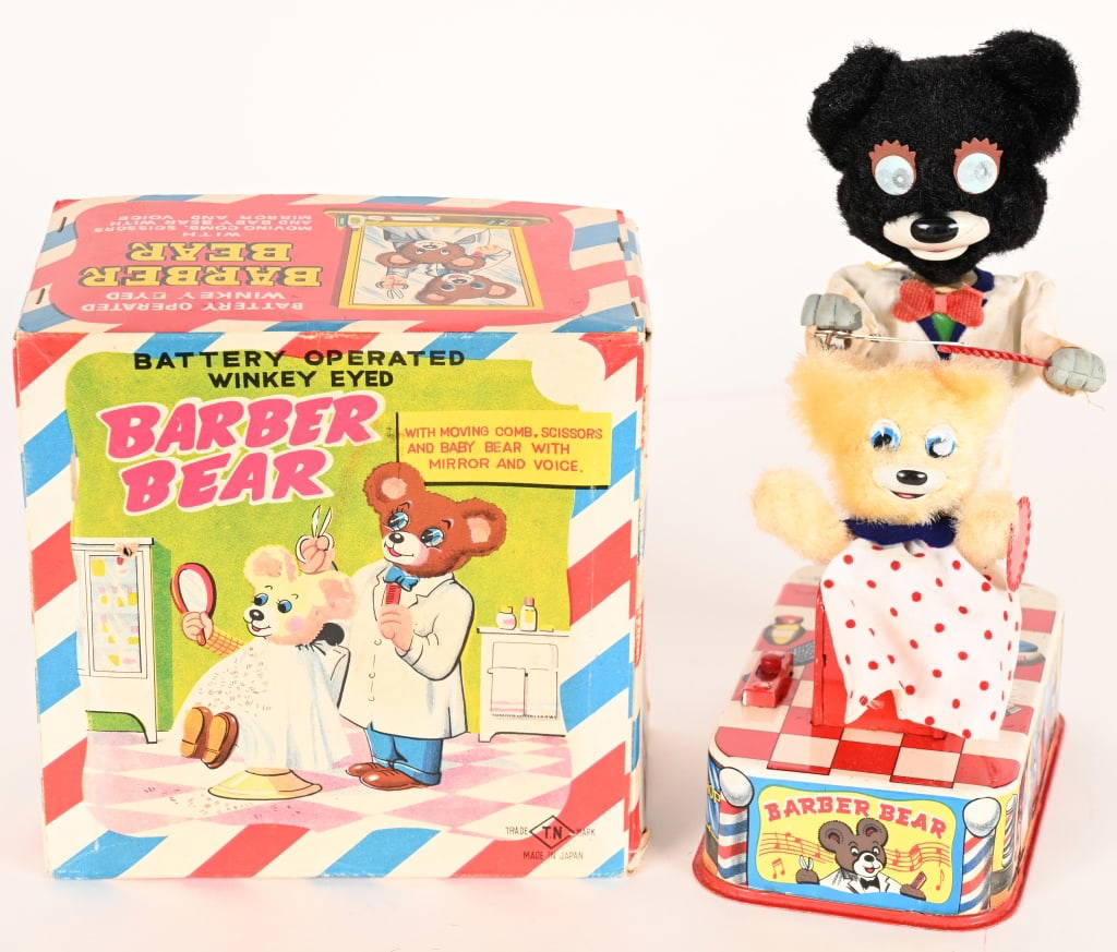 Japan Battery Op Barber Bear W/ Box Auction
