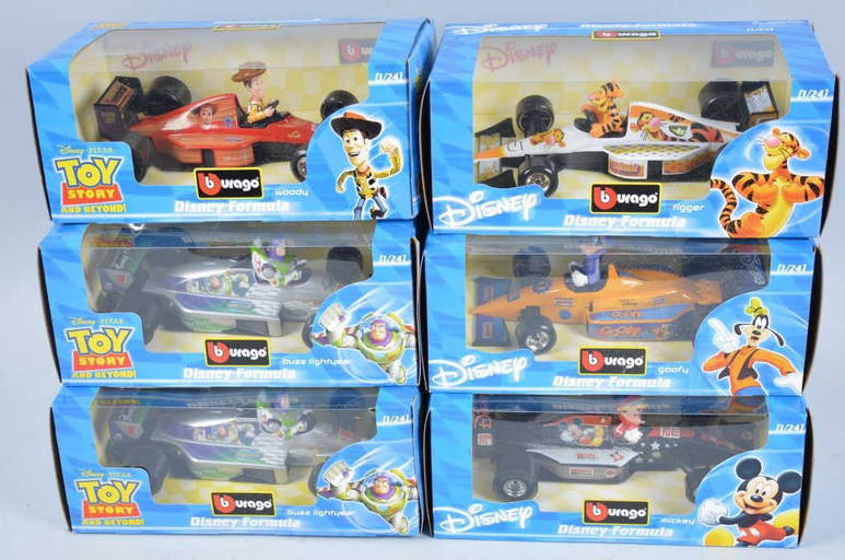 6 Burago Disney Formula Race Cars W/box