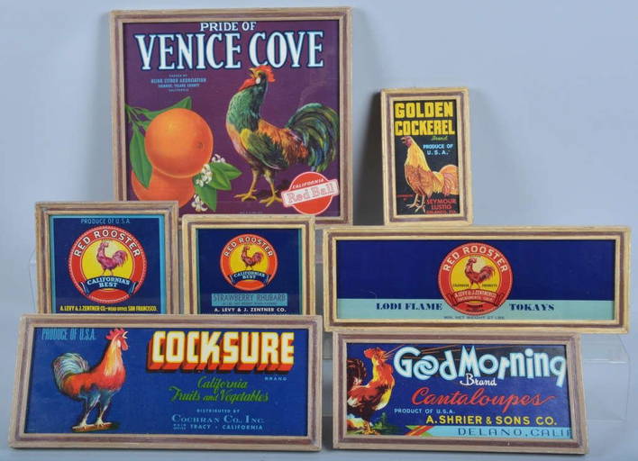 Lot Of 7 Rooster Fruit Crate Lables Framed