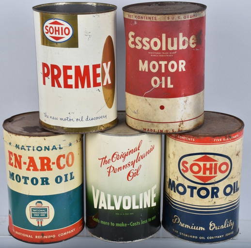 5 Vintage 5 Quart Oil Cans Sohio, Essolube