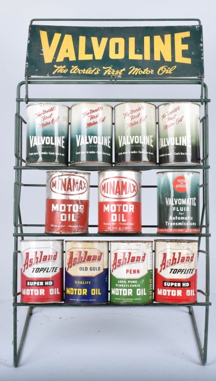 Vintage VALVOLINE OIL CAN RACK w/ 11 OIL CNAS
