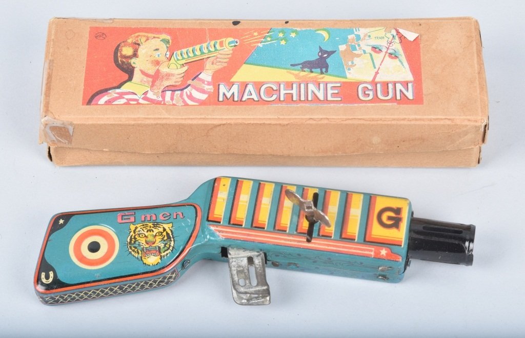 JAPAN Tin Windup G-MAN MACHINE GUN w/ BOX