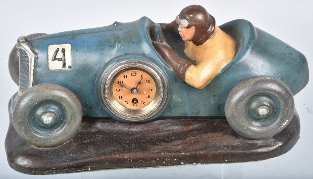 1930s German Chalkware Race Car Clock