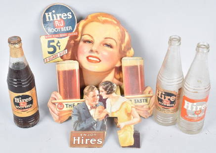 3 Hires Root Beer Display Bottles & 2 Displays