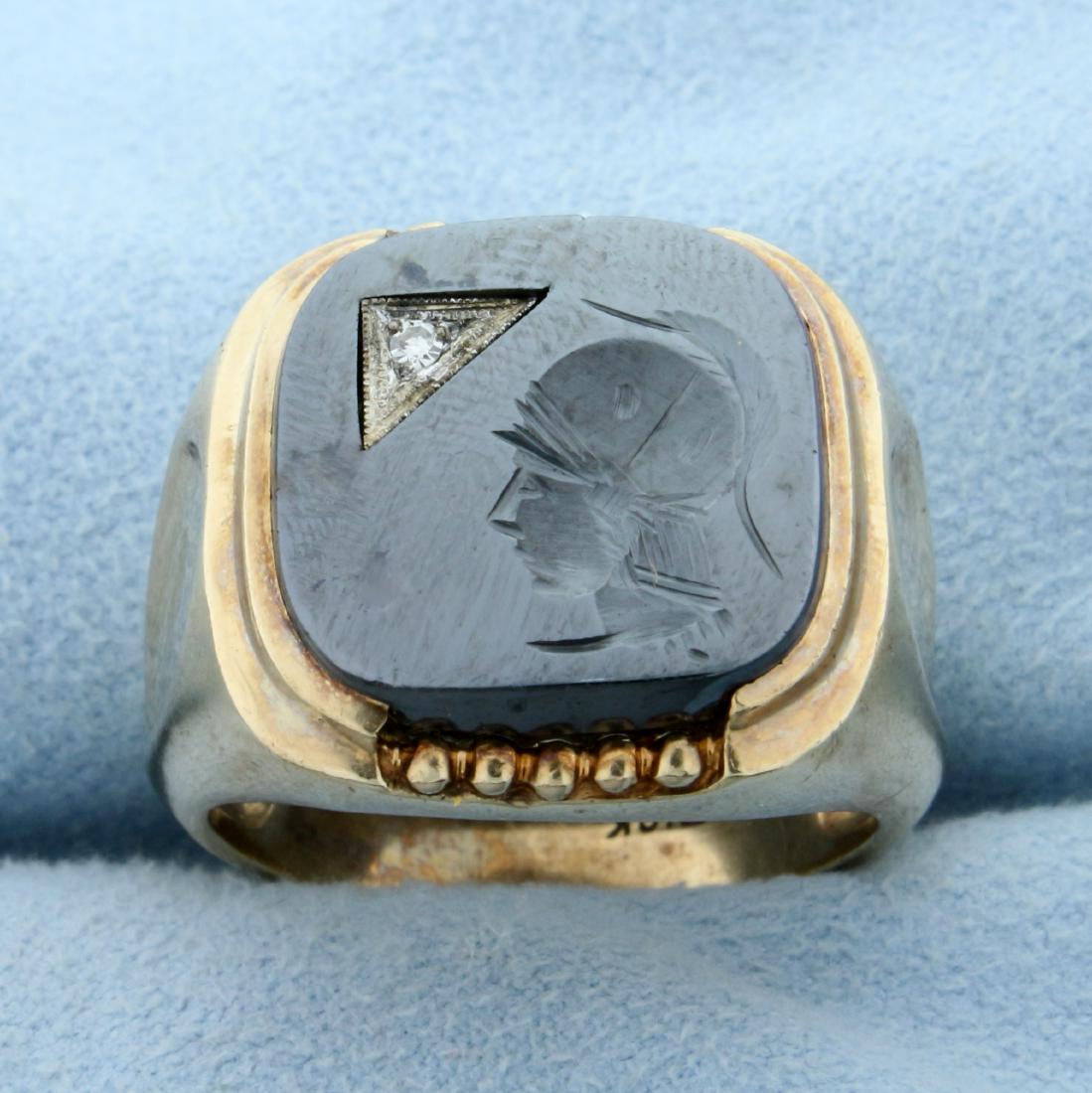 Vintage Hematite and Diamond Gladiator Ring in 10K