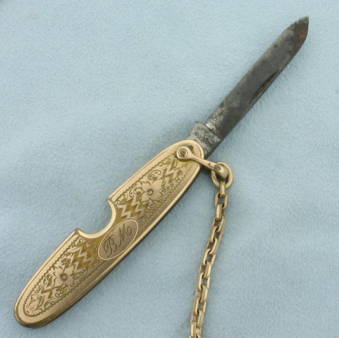 Antique Victorian Engraved Hayward Pocket Knife On Watch Chain