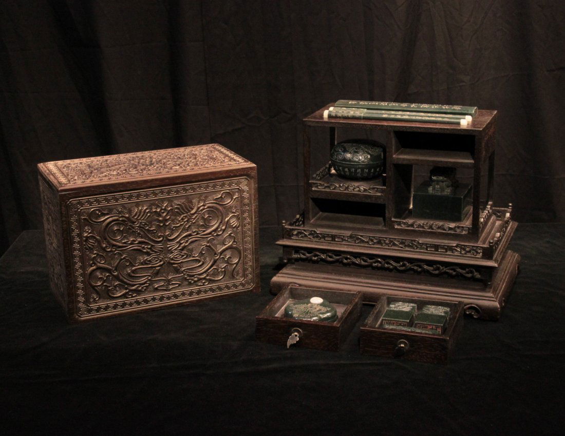 Qing Dynasty Green Jade Stationery Set With Zitan Box