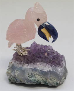 Rose Quartz Carved Bird & Amethyst Geode Sculpture