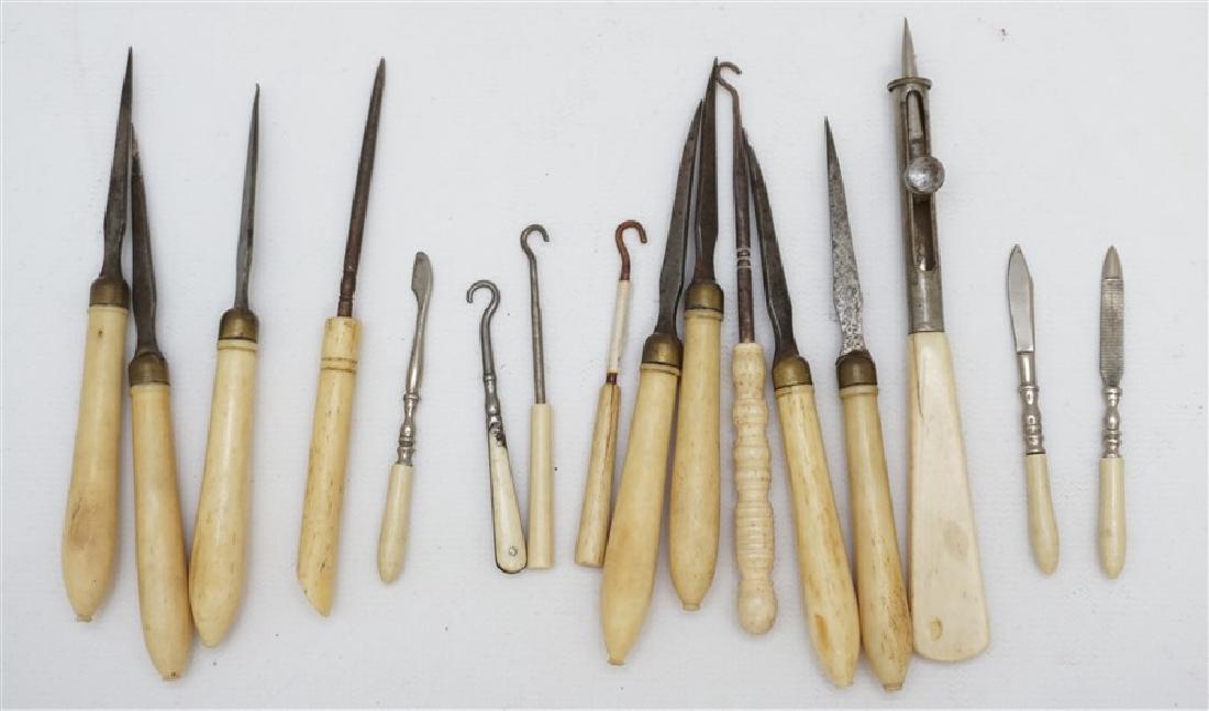 16 PC VICTORIAN BONE HANDLE SEWING TOOLS