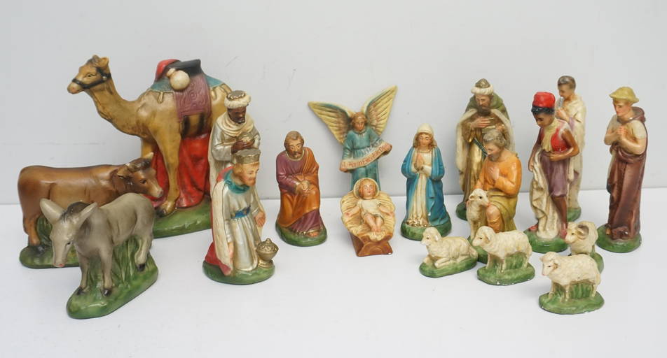 18 Piece 1940s Nativity Set Chalkware