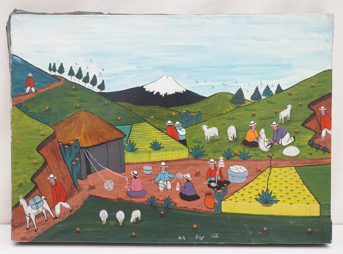 Peruvian Folk Art Painting Oil On Stretched Hide