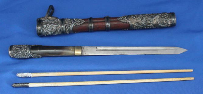 Antique Chinese Knife With Sheath And Chopsticks