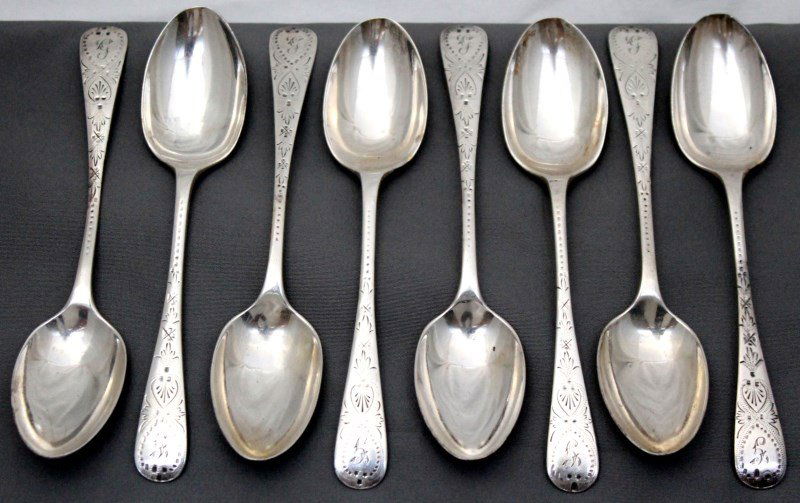 8 English Sterling Egg Spoons Bright Cut 1899