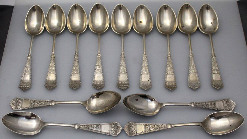 13 English Victorian Pluro Silver Teaspoons