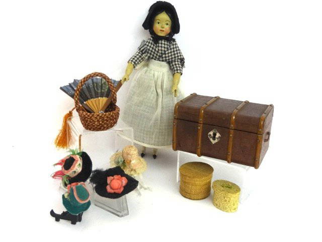 Contemporary Peg Leg Doll, Trunk And Hats