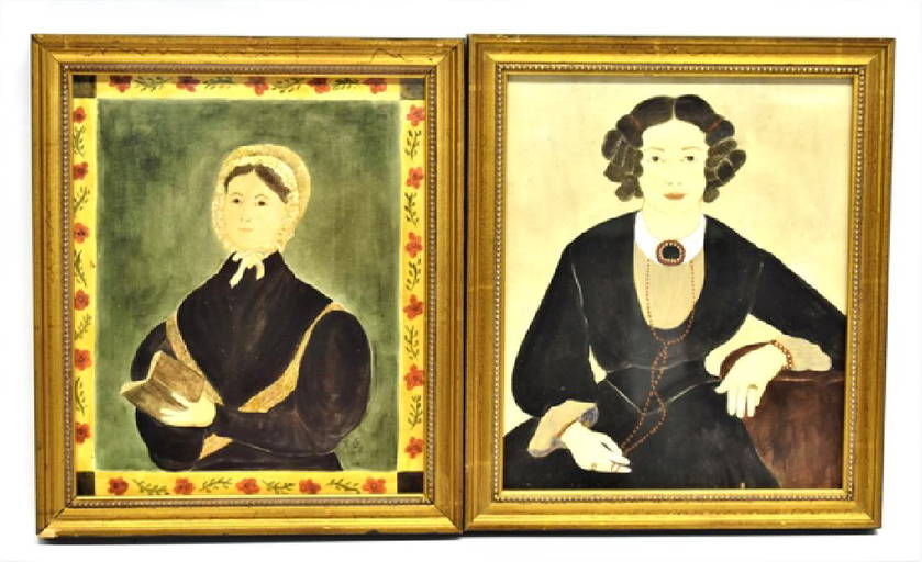 Pair Jacquelyn Trone Folk Art Paintings