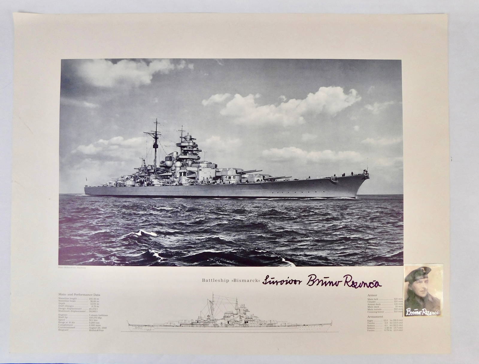 Poster German Ww2 Battleship Bismarck Signed By Survivor Bruno Rzonca ...