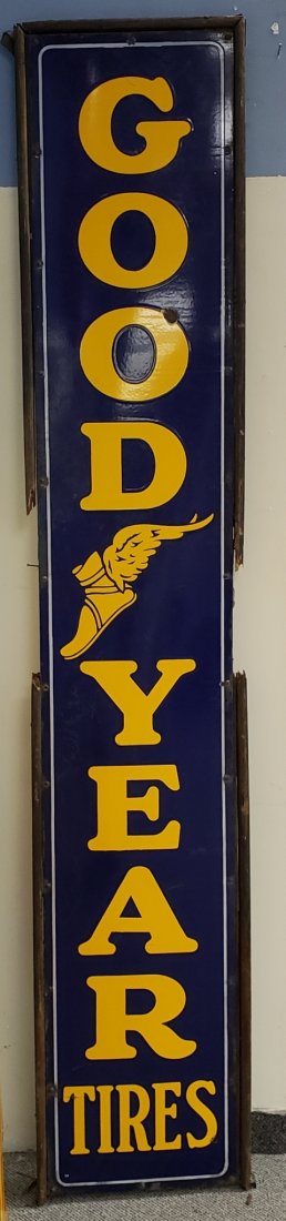 Goodyear Tire Porcelain Vertical Sign w/ Wood Frame