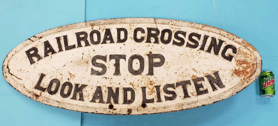 Cast Iron Railroad Crossing Stop Look and Listen Sign Cast Iron Railroad Crossing Stop Look and Listen Sign