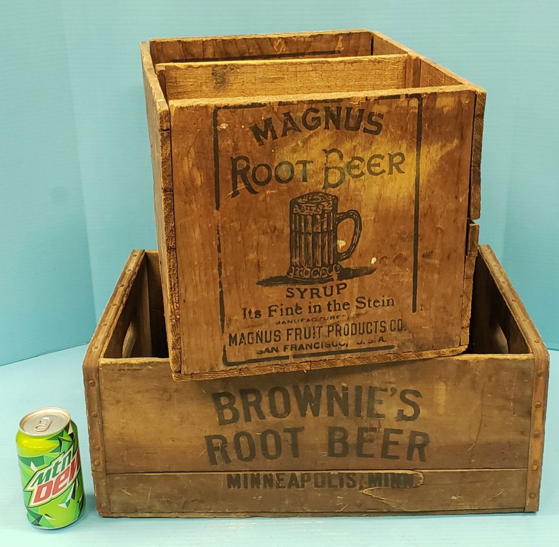 2 Wood Root Beer Crates Magnus & Brownie's Root Beer