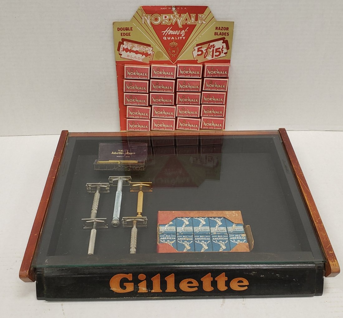 Gillette Display W/ Safety Razors And Razor Blades