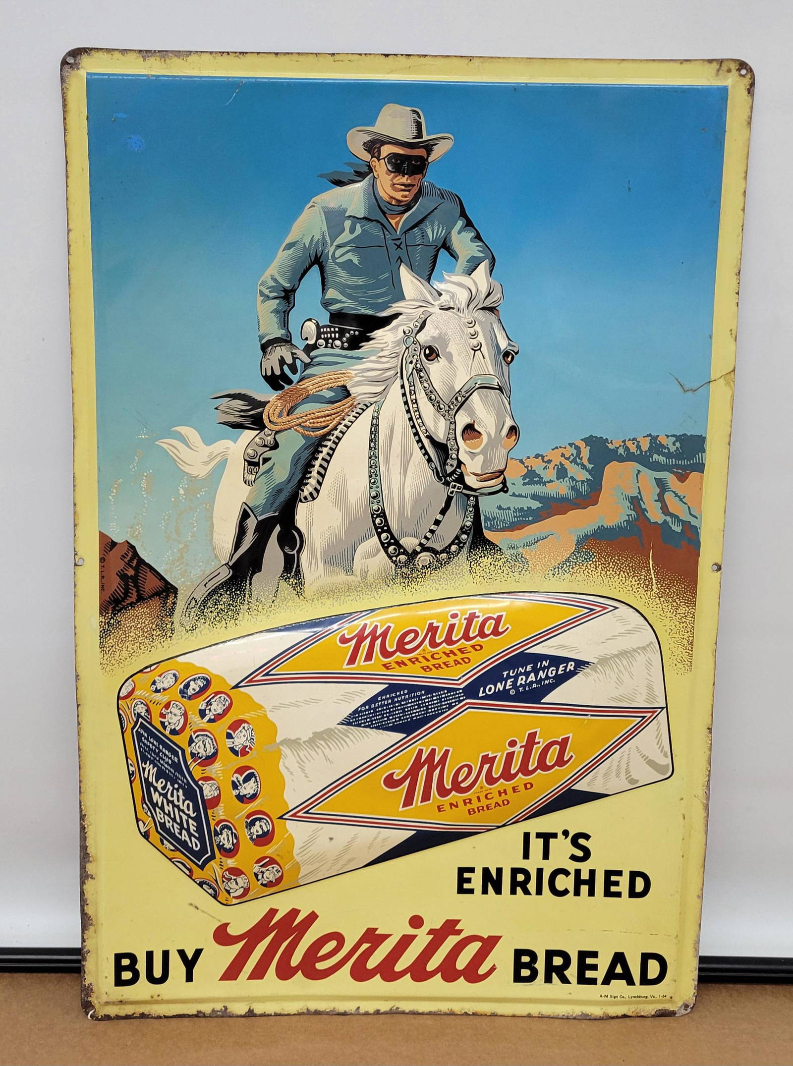 Iconic 1954 Merita Enriched Bread Embossed Tin Sign W/ Lone Ranger Auction