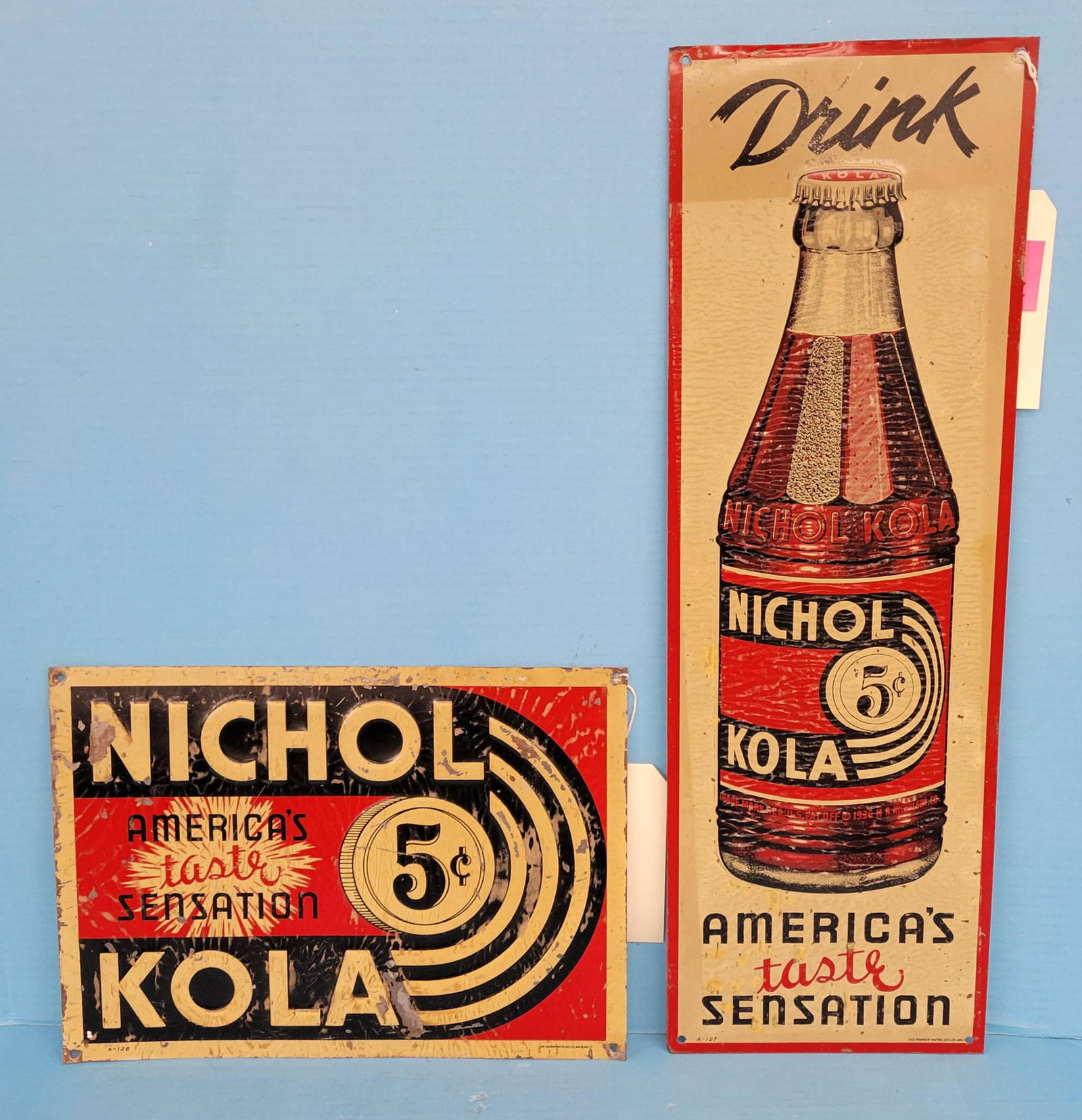 Lot Of 2 Nichol Kola Single Sided Embossed Tin Signs Auction
