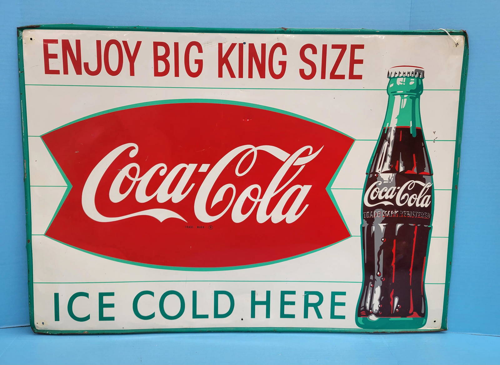 Enjoy Big King Size Coca Cola Fish Tail Sign With Bottle Auction