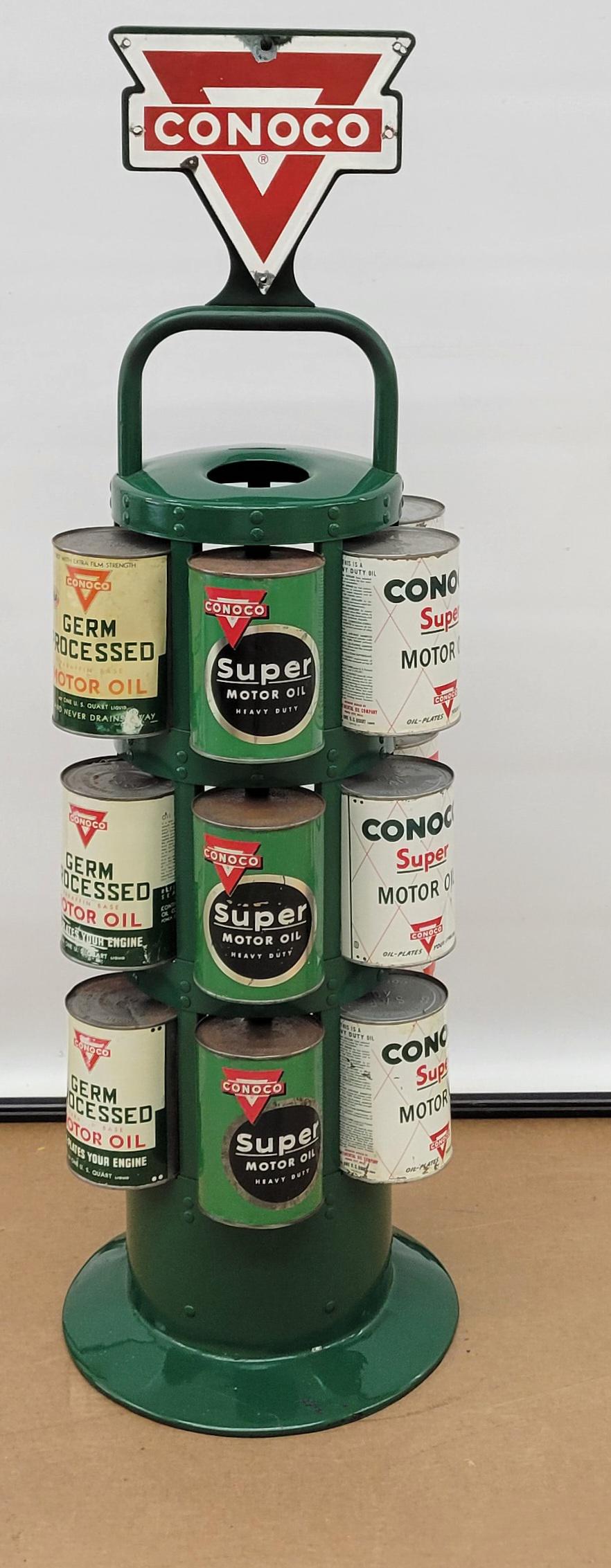 Conoco Oil Rack Display With Porcelain Sign & Oil Cans