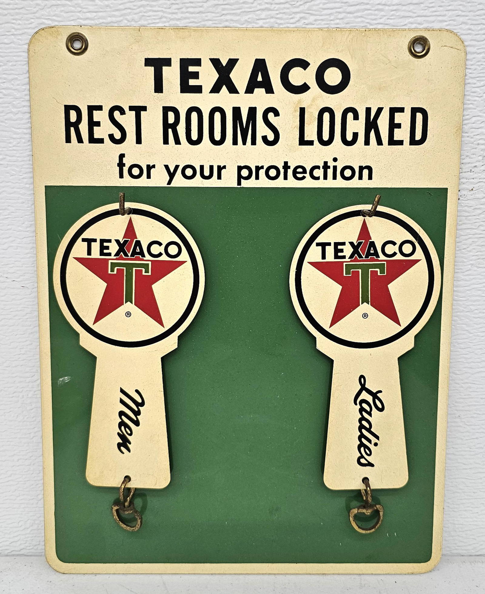 Texaco Restrooms Double Sided Tin Sign With Original Key Fobs Auction
