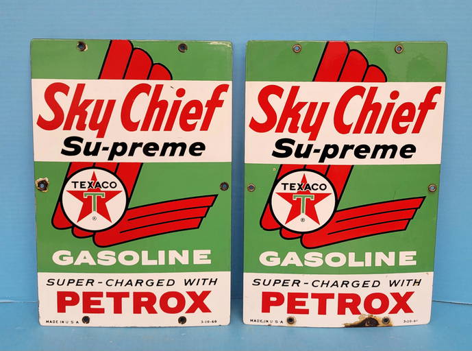 Texaco Supreme Gasoline Super Charged With Petrox Porcelain Pump Plates