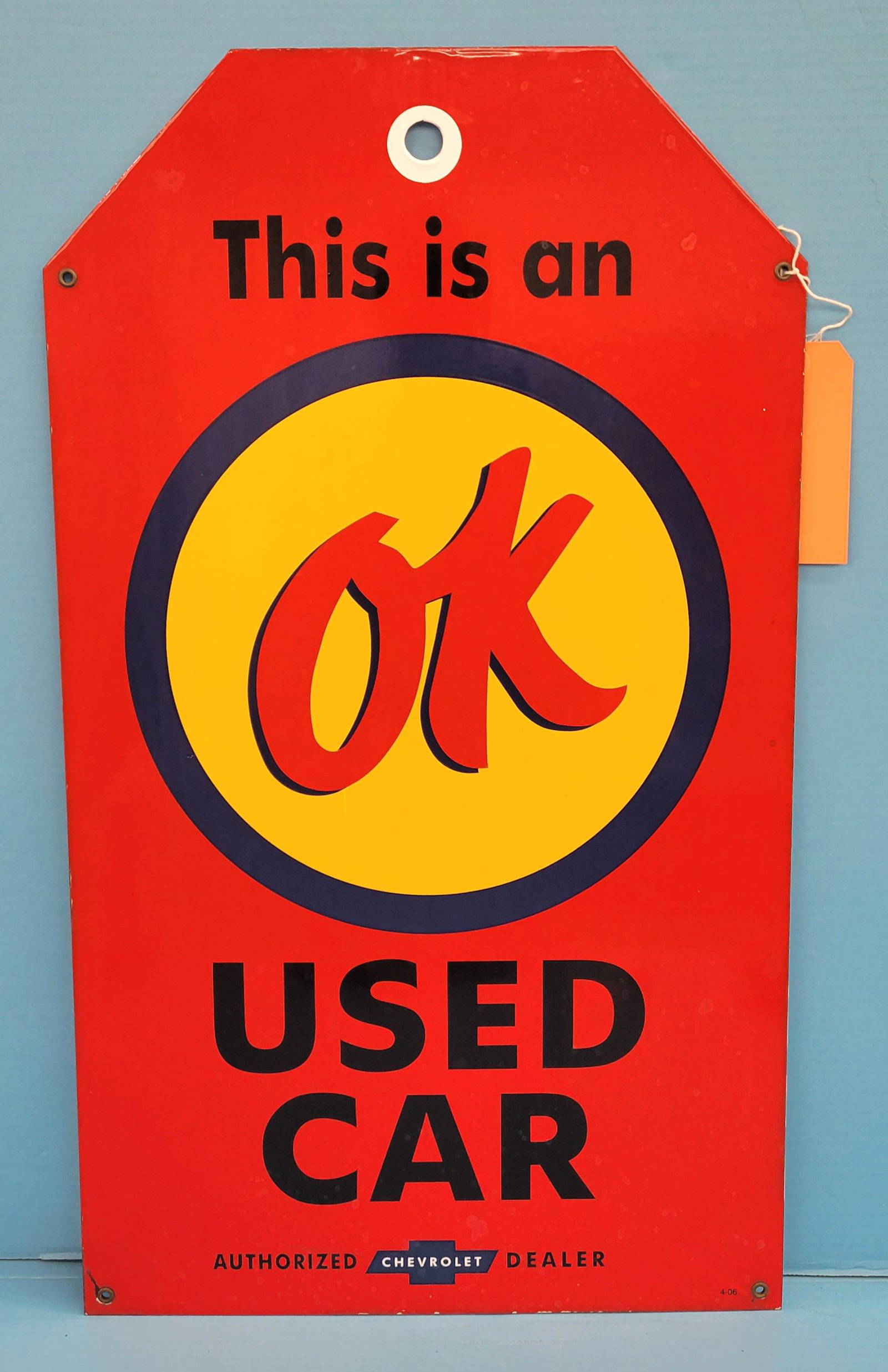 Ok Chevrolet Used Cars Single Sided Porcelain Tag Sign Auction
