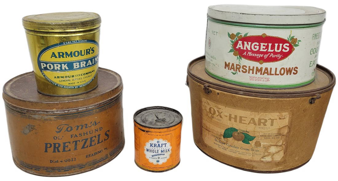 Tom's, Ox-heart, Angelus, Armour, Kraft Tins Auction